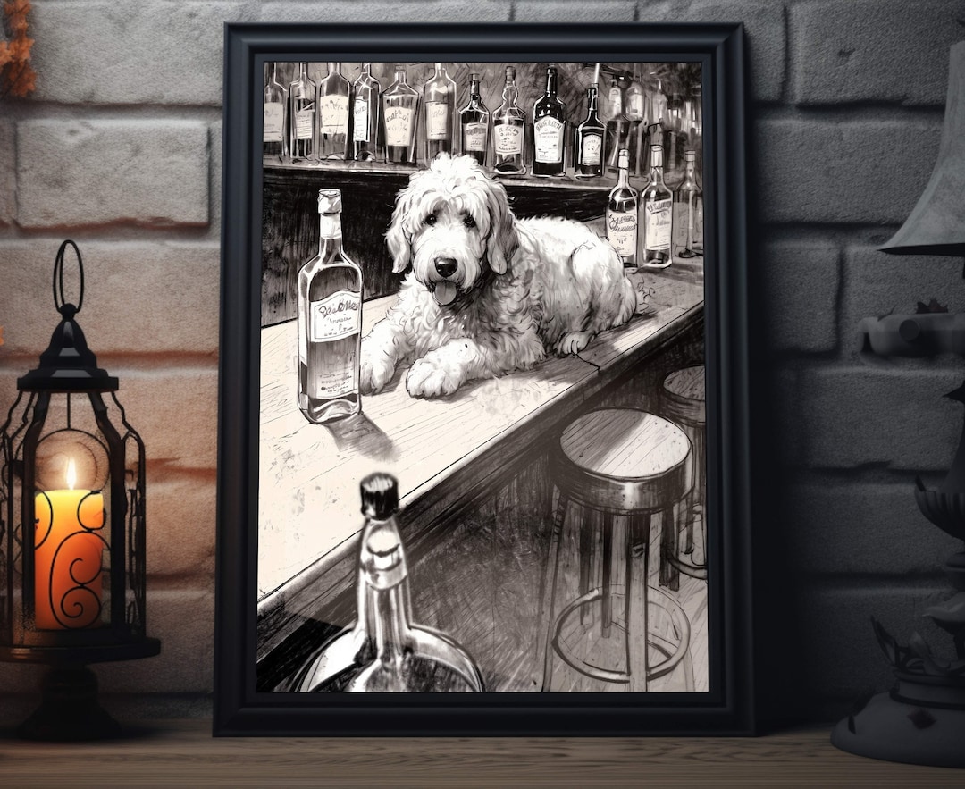 Golden Doodle Dog Bar Art Print | Dog Bar Cart Wall Art, Beer & Animal ...