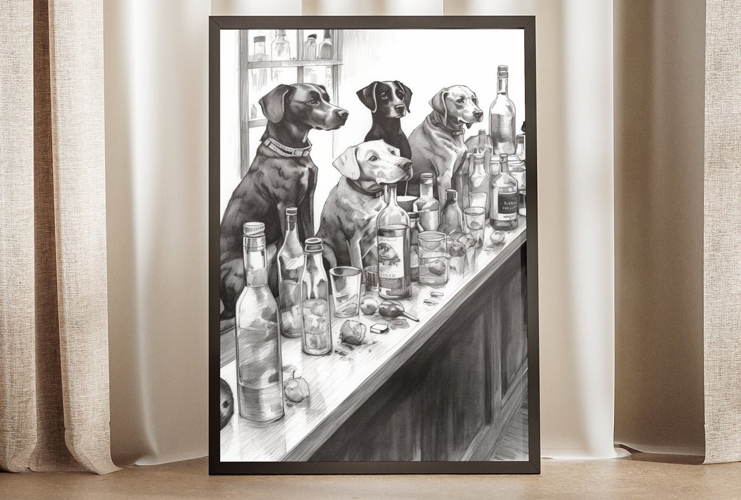 Dog at the Bar Inked Sketch Style Poster - Bar Cart Art Print, Beer ...