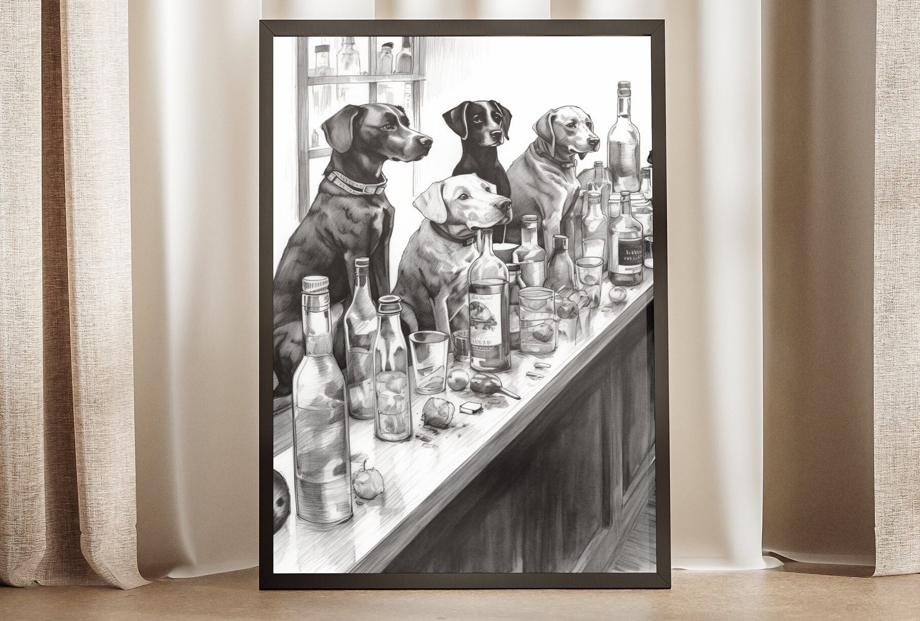 Dog at the Bar Inked Sketch Style Poster Bar Cart Art Print, Beer ...