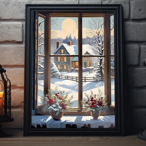 Cozy Winter Cottage Window View Art Print Snowy Landscape Painting ...