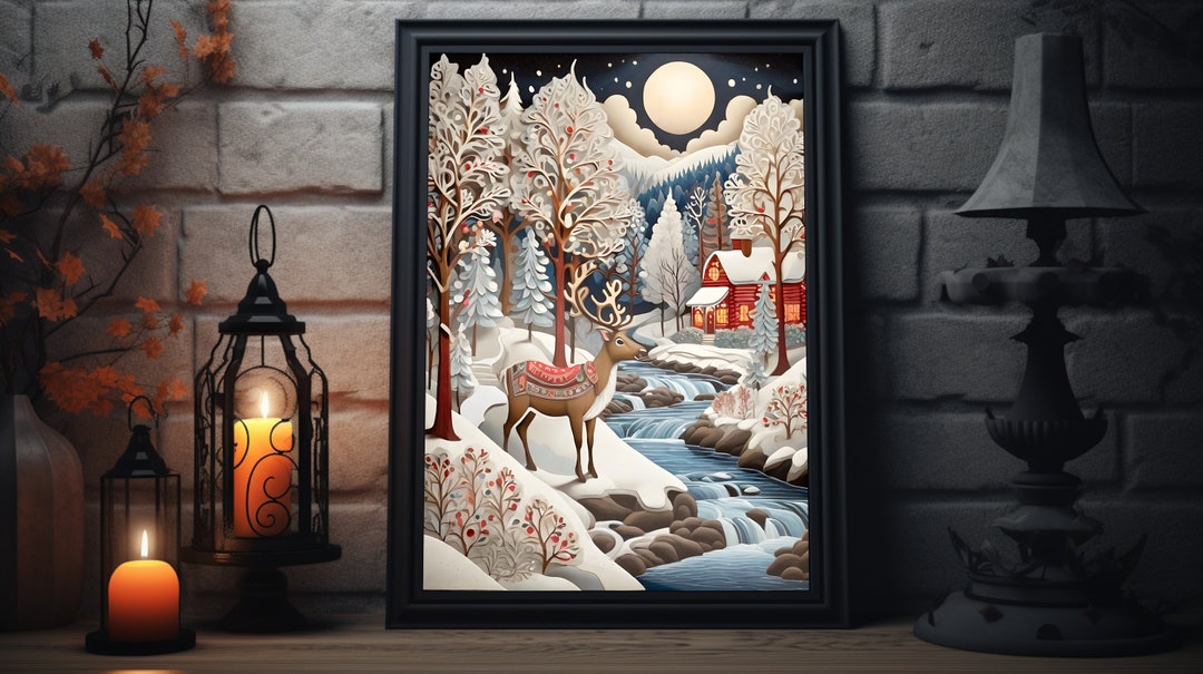 Christmas Reindeer Folk Art Matte Poster | Winter Painting Art Print ...