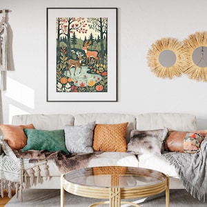Fall Deer Woodcut Illustrative Art Print | Pumpkin Forest Wall Art ...