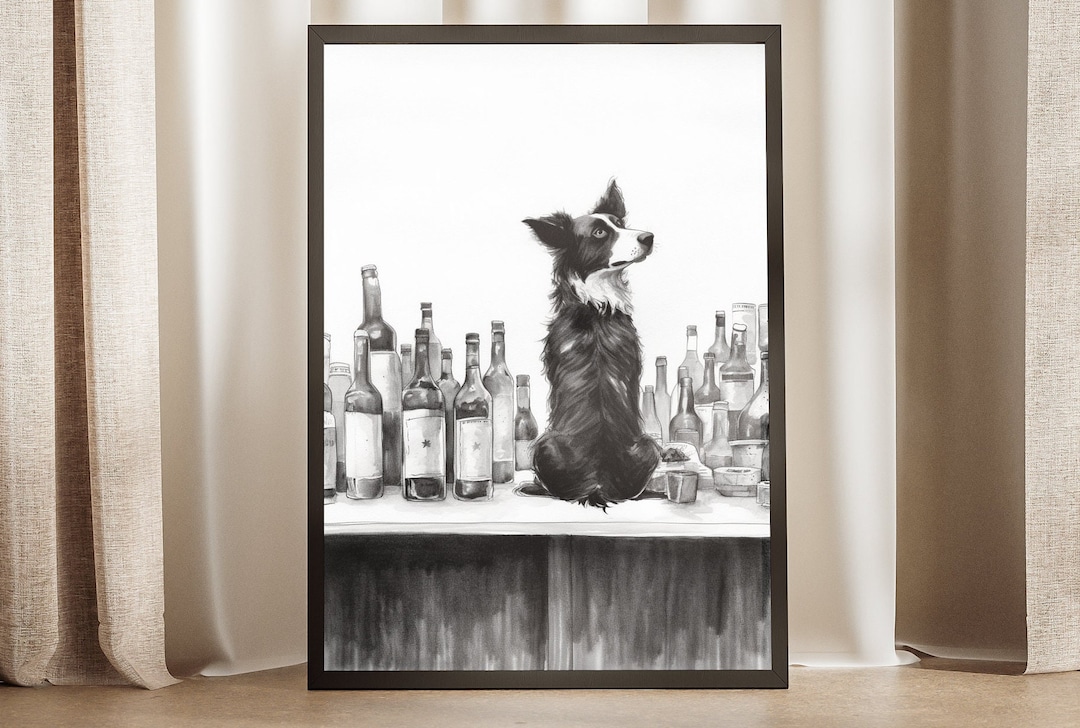 Dog at the Bar Ink Drawing Poster Bar Cart Print, Beer Artwork, Alcohol ...
