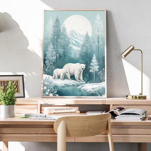 Polar Bear Winter Scene Folk Art Print Snowy Forest Wall Art, Nature ...