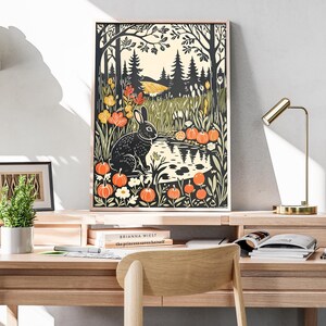 Fall Rabbit Woodcut Illustrative Art Print | Pumpkin Wall Art, Fall ...