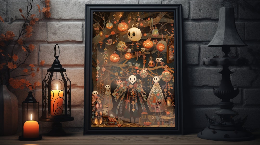 Vintage Spooky Folk Art: Villagers & Lanterns Poster - Etsy