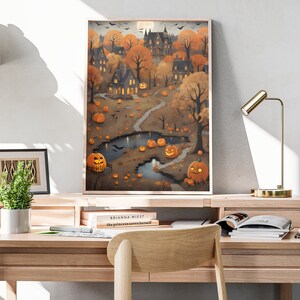 Scenic Halloween Folk Art Print | Vintage Halloween Pumpkin Wall Art ...