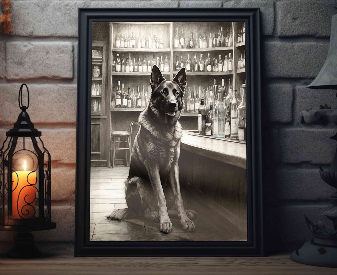 Black German Shepherd Bar Art Print | Dog Bar Cart Wall Art, Beer ...