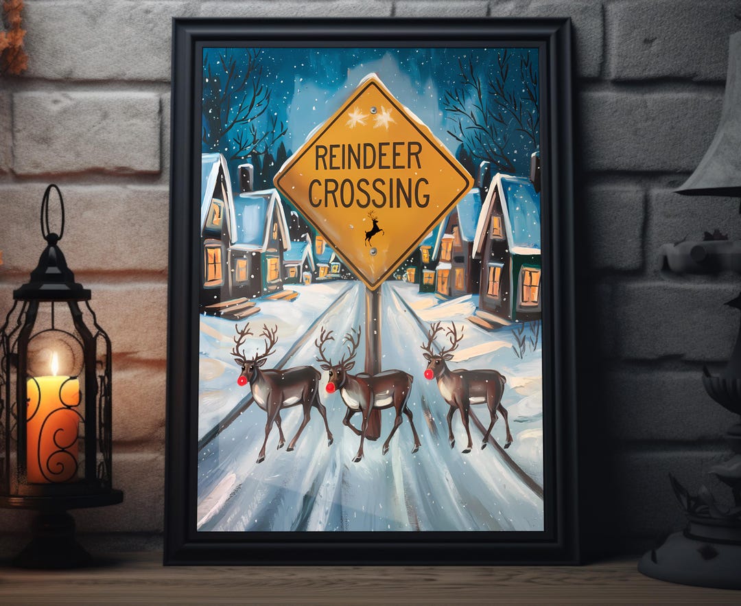 Reindeer Crossing Painterly Art Print Christmas Sign Artwork, Winter Wall Art Painting, Xmas ...