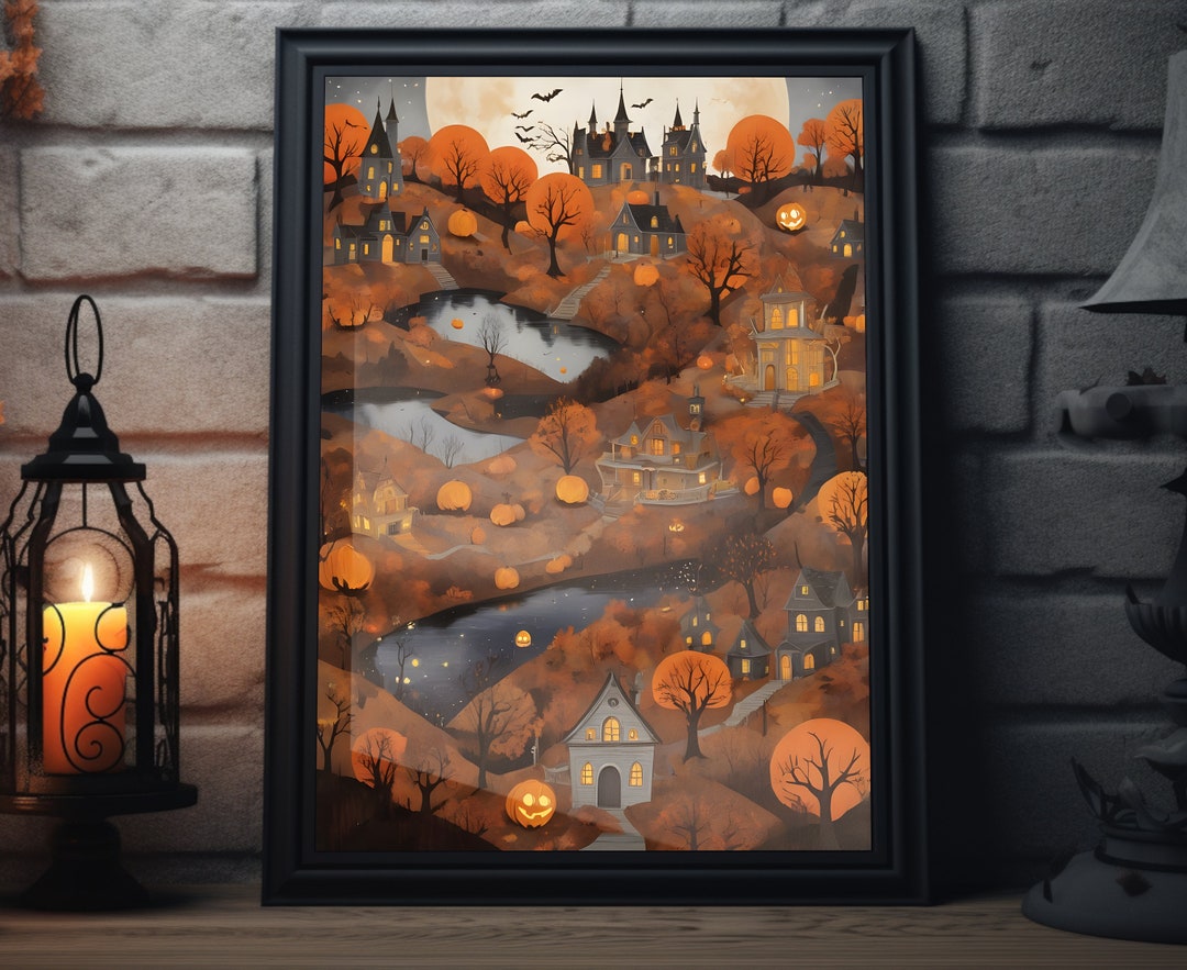 Scenic Halloween Folk Art Print | Vintage Halloween Pumpkin Wall Art ...