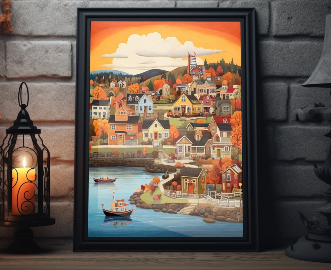 Fall Lakeview Folk Art Print | Thanksgiving Pumpkin Wall Art, Autumn ...