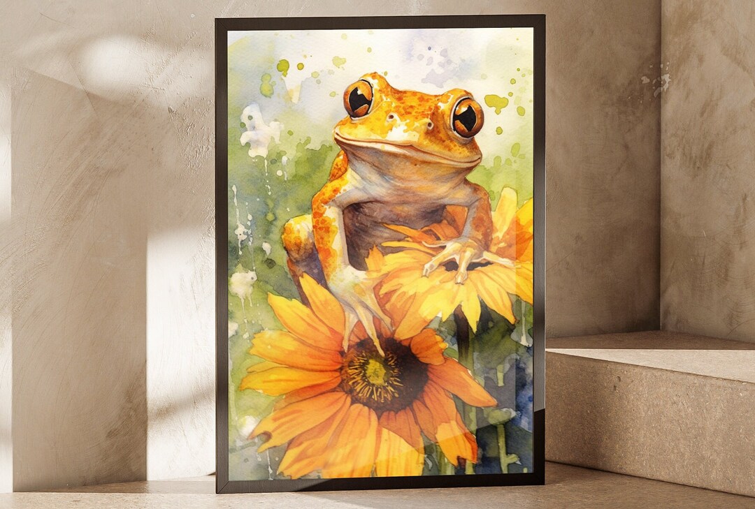 Frog and Sunflower Watercolor Painting Vintage Wall Decor - Etsy