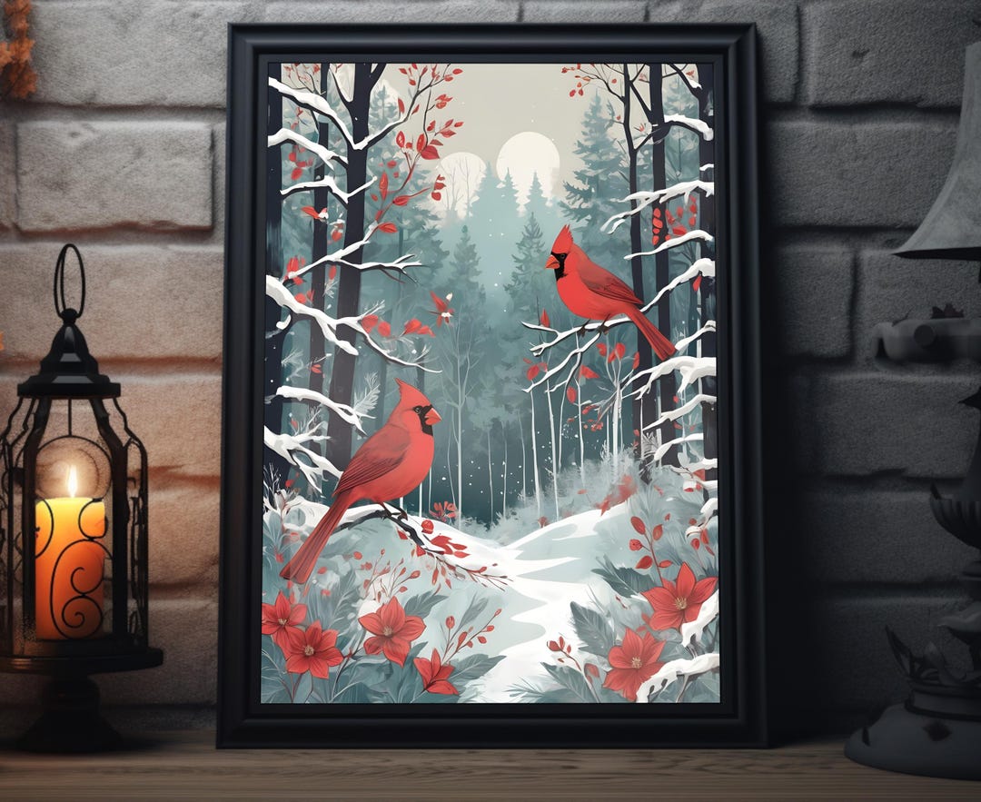 Cardinal Boho Art Print | Winter Bird Painting Artwork, Christmas ...