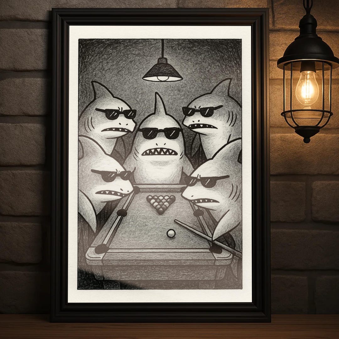 Pool Sharks Comic Style Art Print | Black and White Monochrome Shark ...