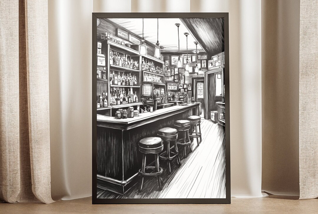 Black and White Bar Art Poster: Vintage-inspired Ink Drawing for ...