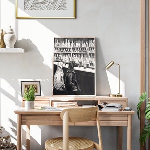 Dog at the Bar Inked Sketch Style Poster - Bar Cart Art Print, Beer ...