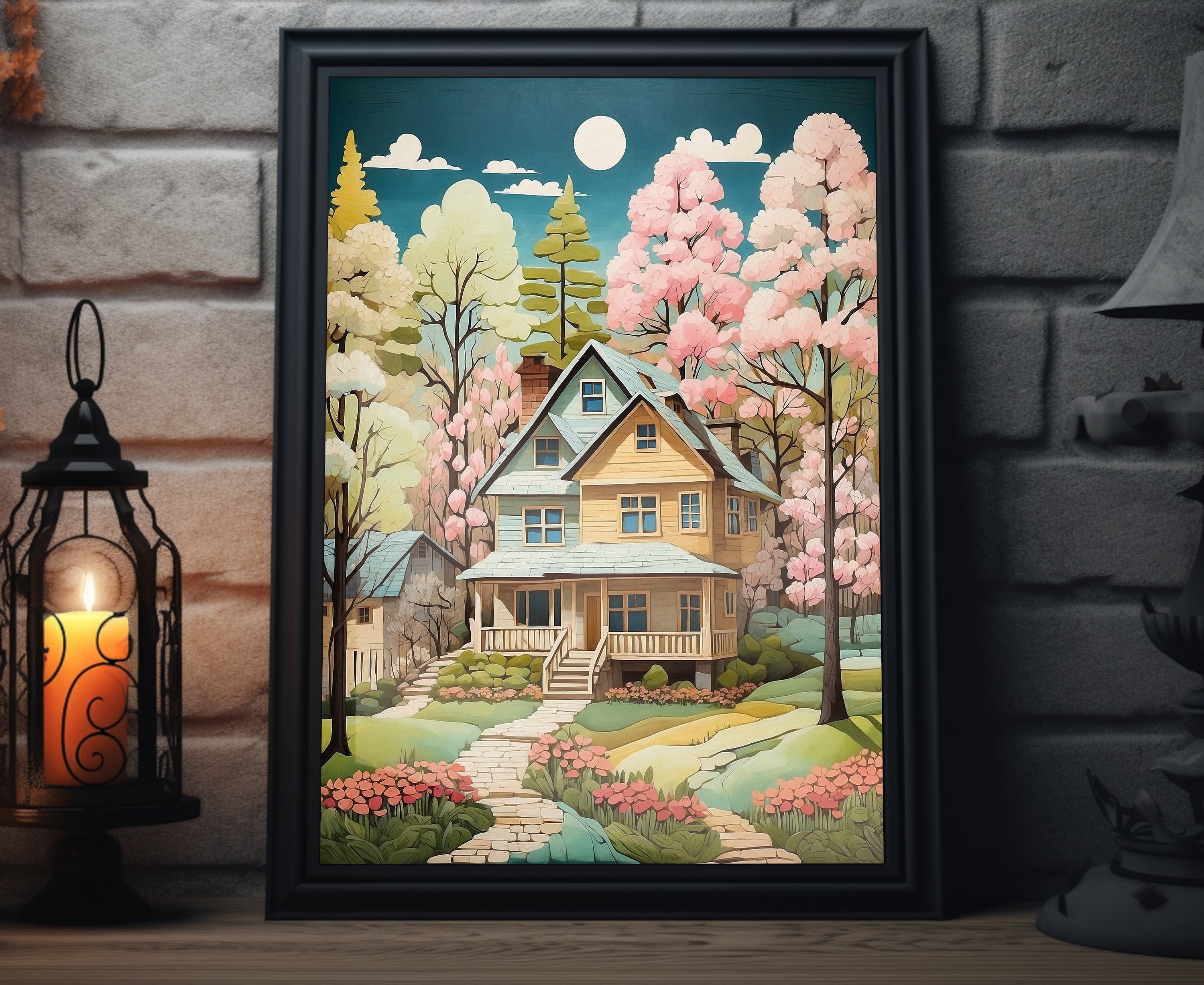 Spring Home Folk Art Matte Poster Springtime Painting Art Print, Scenic ...