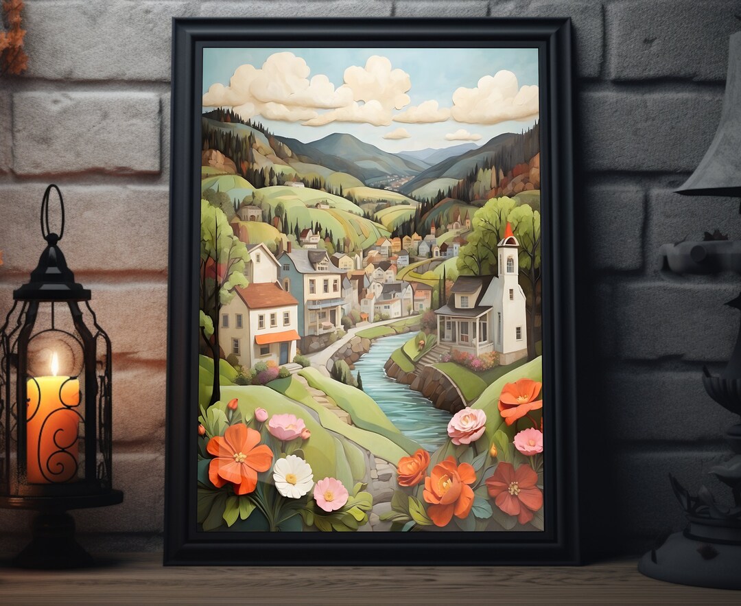 Spring Town Folk Art Matte Poster | Springtime Painting Art Print ...