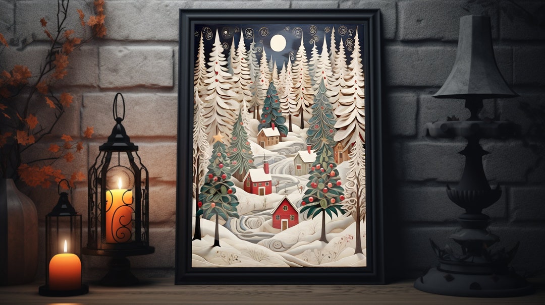 Christmas Folk Art Matte Poster | Winter Painting Folk Art Print, Xmas ...