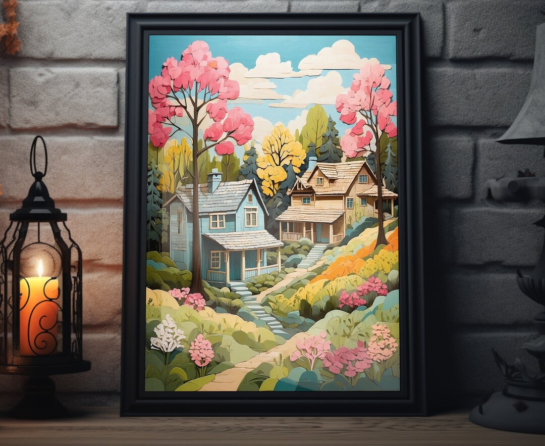 Springtime Folk Art Matte Poster | Spring Houses Painting Art Print ...
