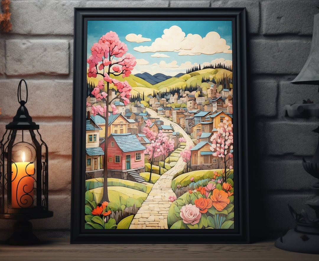 Spring Town Folk Art Matte Poster | Springtime Painting Art Print ...