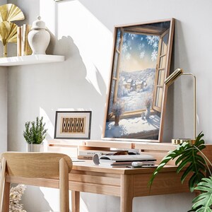 Snowy Winter Window Scene Art Print Rustic Village Painting Artwork ...
