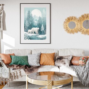 Polar Bear Winter Scene Folk Art Print Snowy Forest Wall Art, Nature ...
