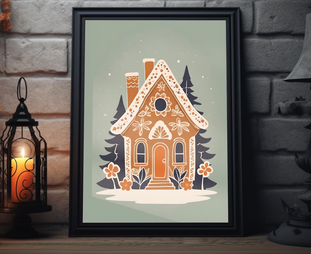 Xmas Gingerbread House Boho Art Print | Christmas Painting Artwork ...