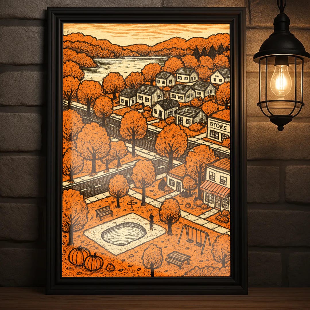 Fall Neighborhood Monochrome Comic Style Art Print | Black & Orange ...