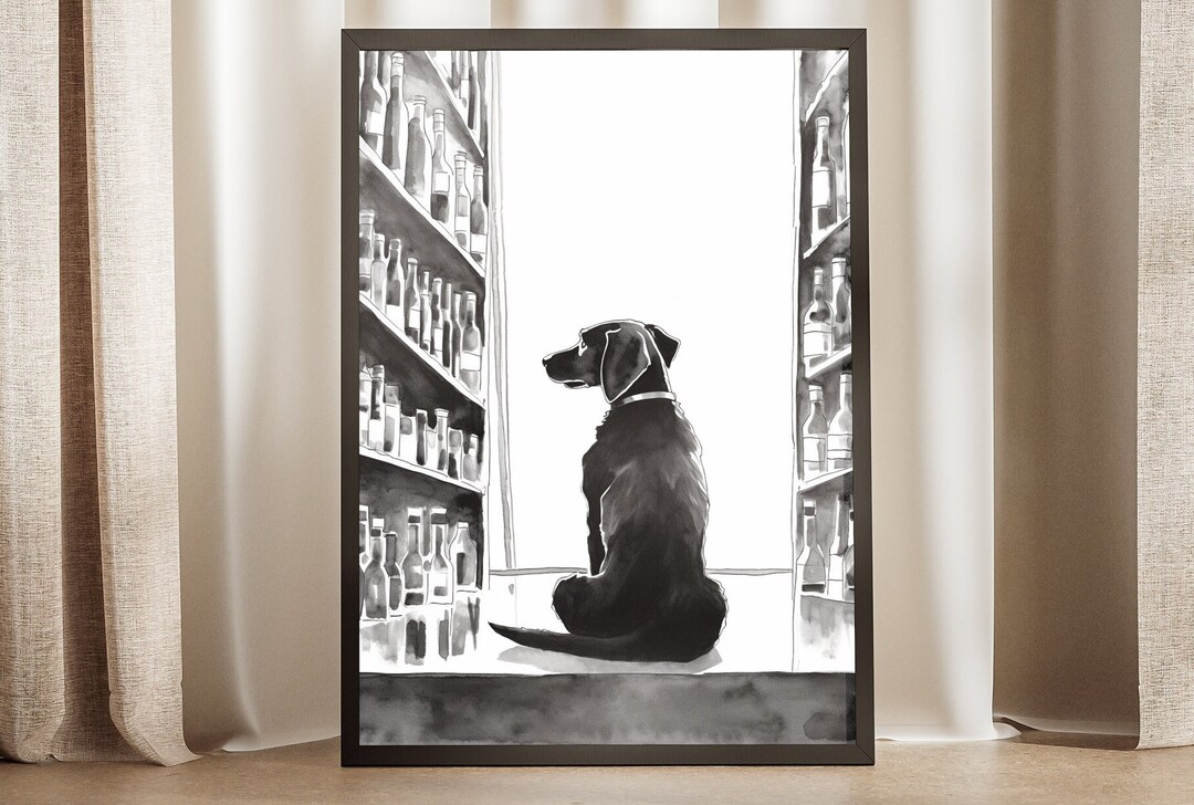 Dog at the Bar Black and White Poster - Bar Cart Print, Beer Artwork ...
