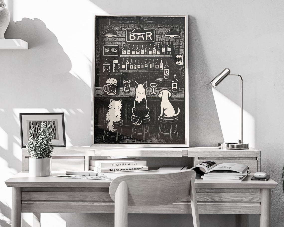 Dogs at Bar Monochrome Comic Style Art Print | Black and White Tavern ...