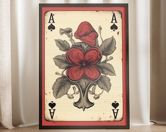 Retro Vintage Ace of Hearts Playing Card Poster With Floral - Etsy