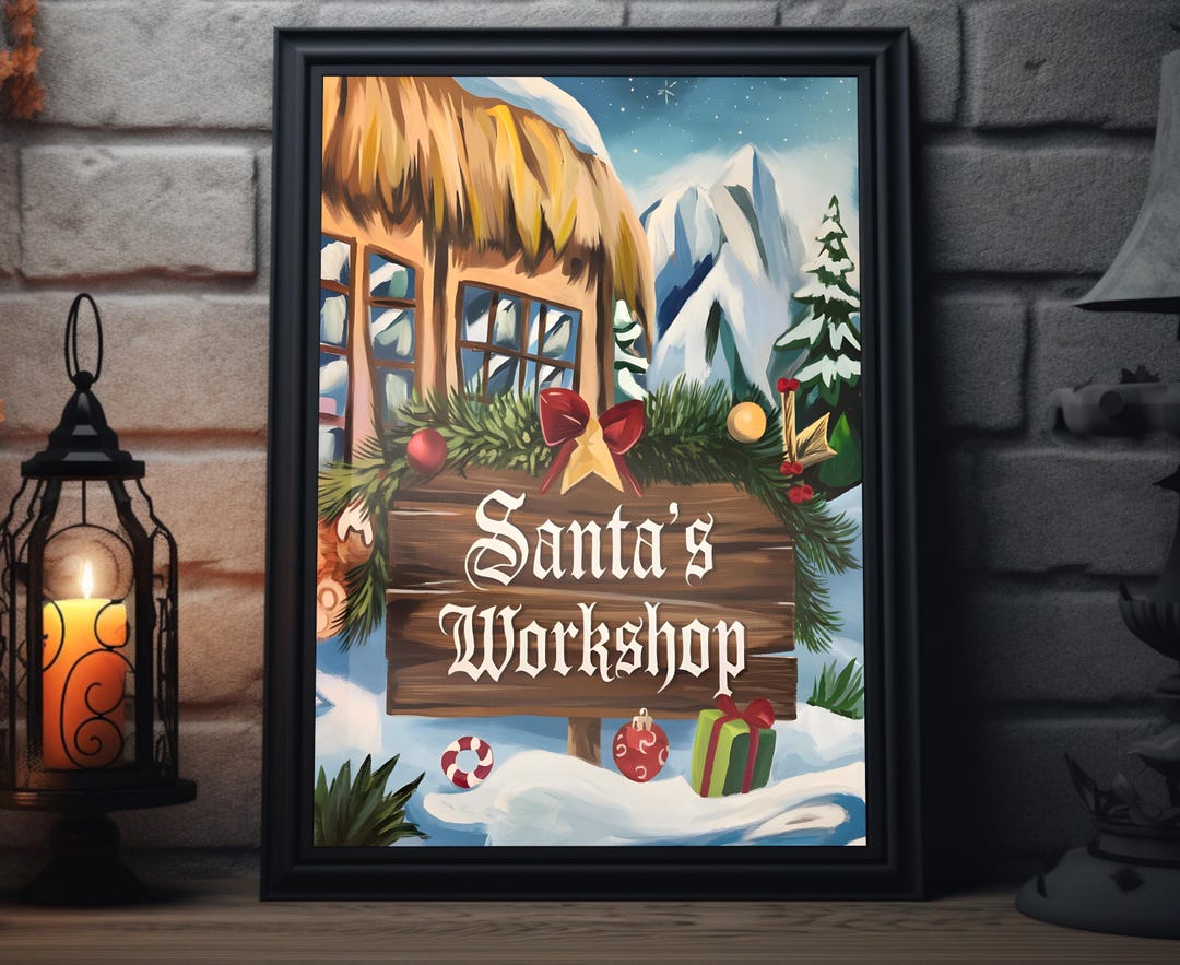 Santa's Workshop Painterly Art Print Christmas Sign Artwork, Winter ...
