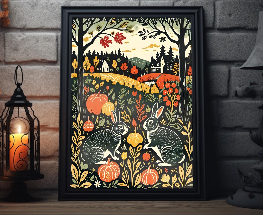 Fall Rabbit Woodcut Illustrative Art Print | Pumpkin Wall Art, Fall ...