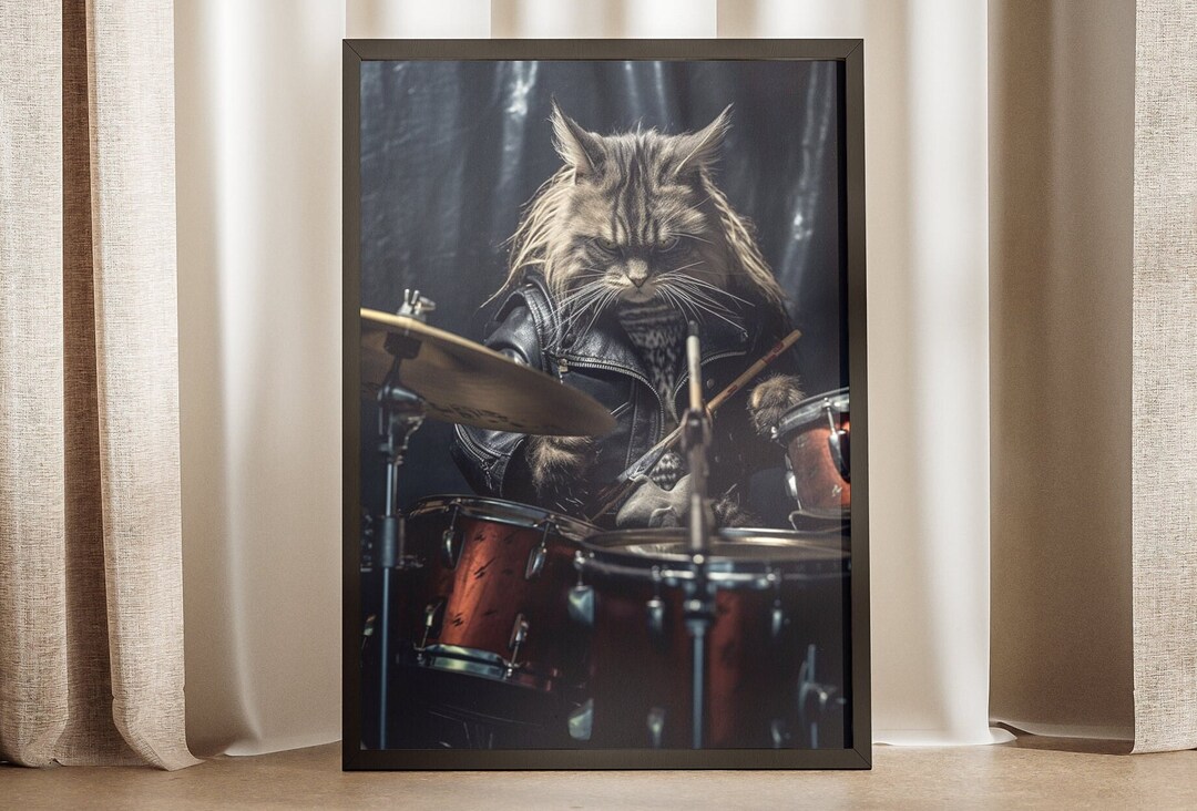 Realistic Cat Playing Drums: Heavy Metal Music Themed Art Poster for ...