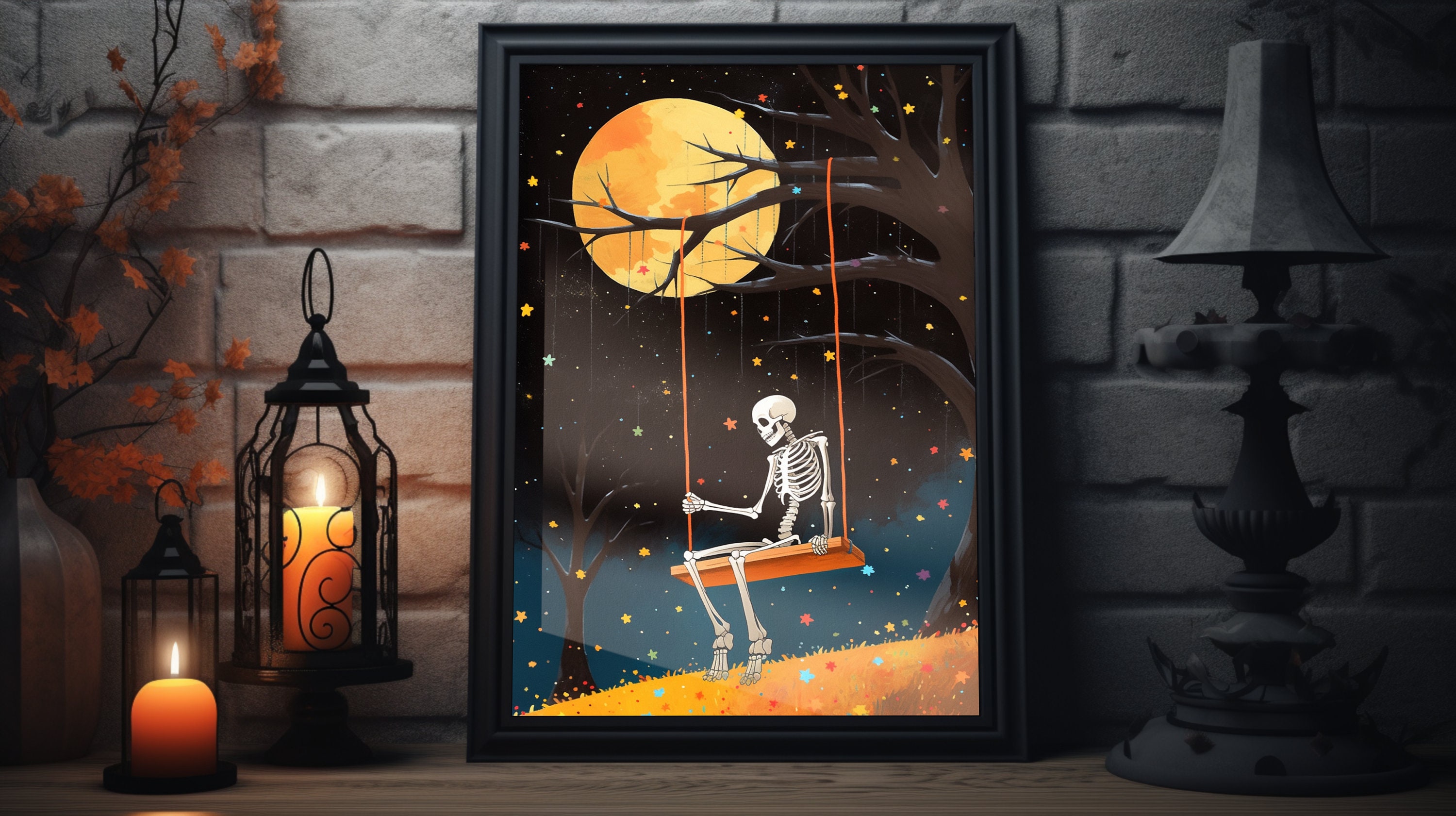 Skeleton on Swing Halloween Poster, Vintage Halloween Wall Art, Cute ...