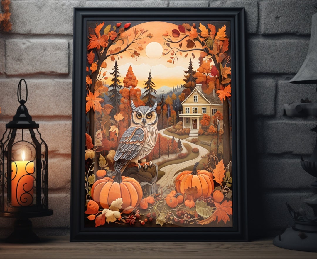 Fall Forest Folk Art Print | Thanksgiving Owl Wall Art, Pumpkin ...
