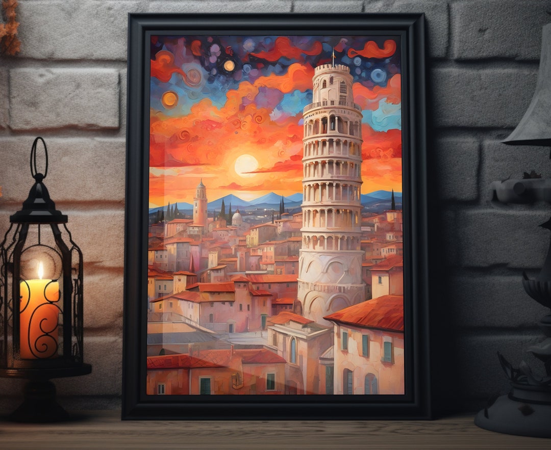 Italy Starry Sunset Matte Wall Art Italian City Artwork, Leaning Tower ...