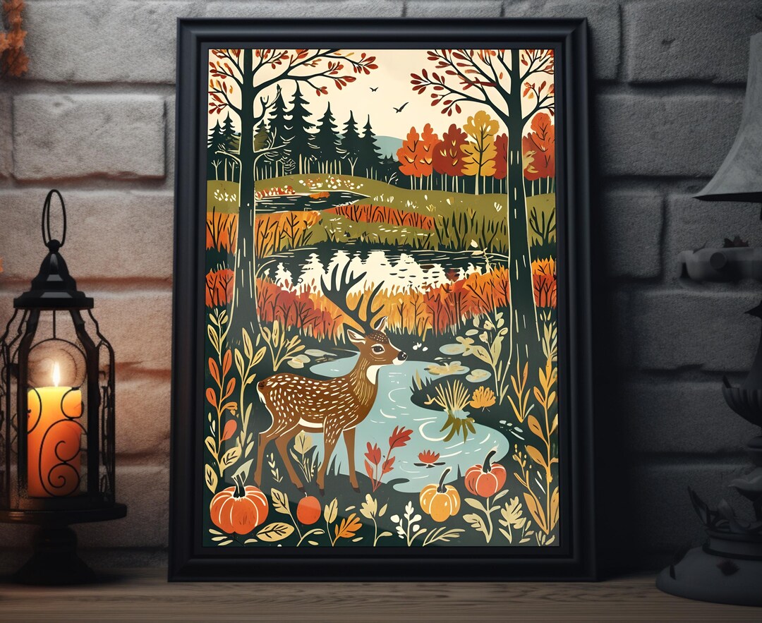 Fall Deer Woodcut Illustrative Art Print | Pumpkin Forest Wall Art ...