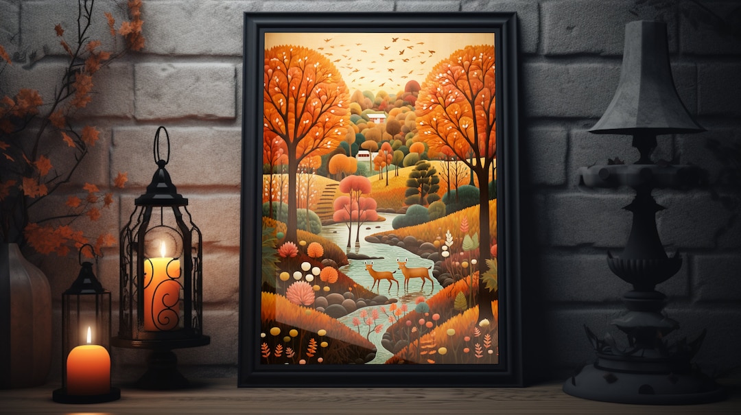 Deer in Fall Forest Art Poster, Thanksgiving Folk Art Print - Etsy