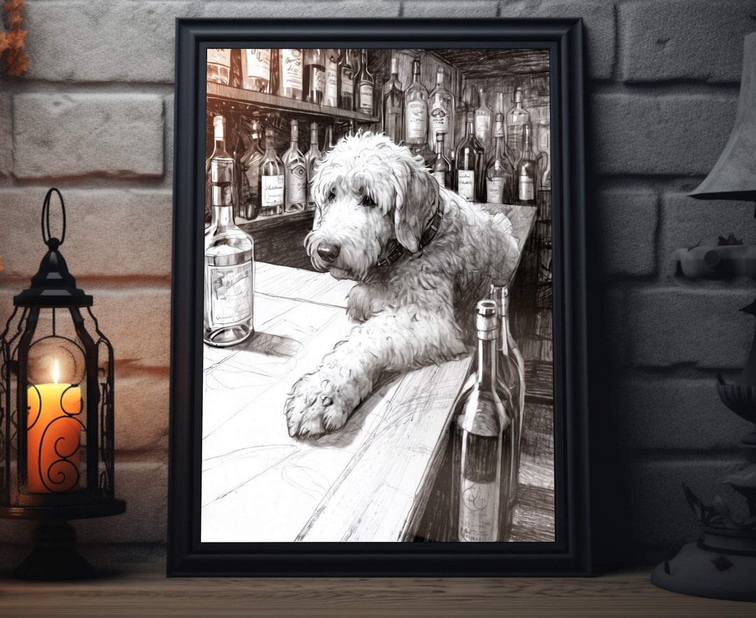 Golden Doodle Dog Bar Art Print | Dog Bar Cart Wall Art, Beer & Animal ...