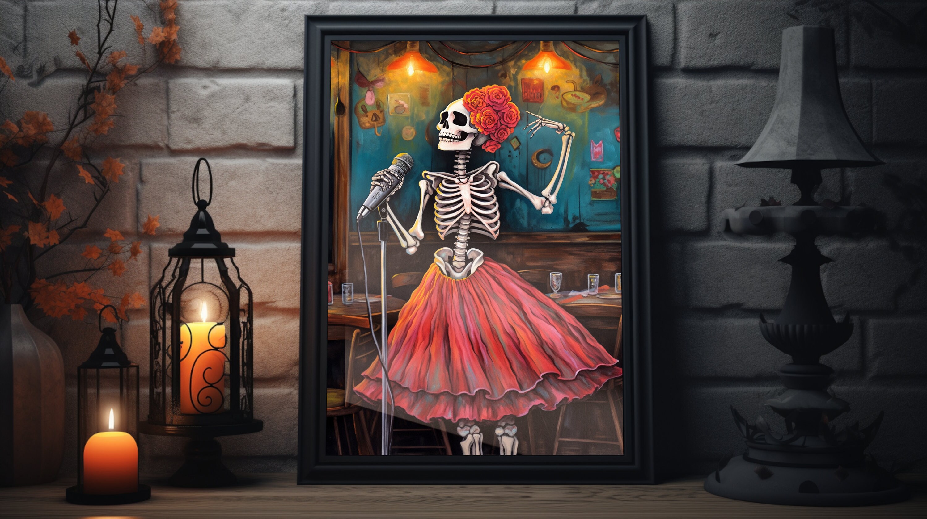 Singing Skeleton Halloween Poster, Vintage Halloween Bar Cart Art, Fall ...