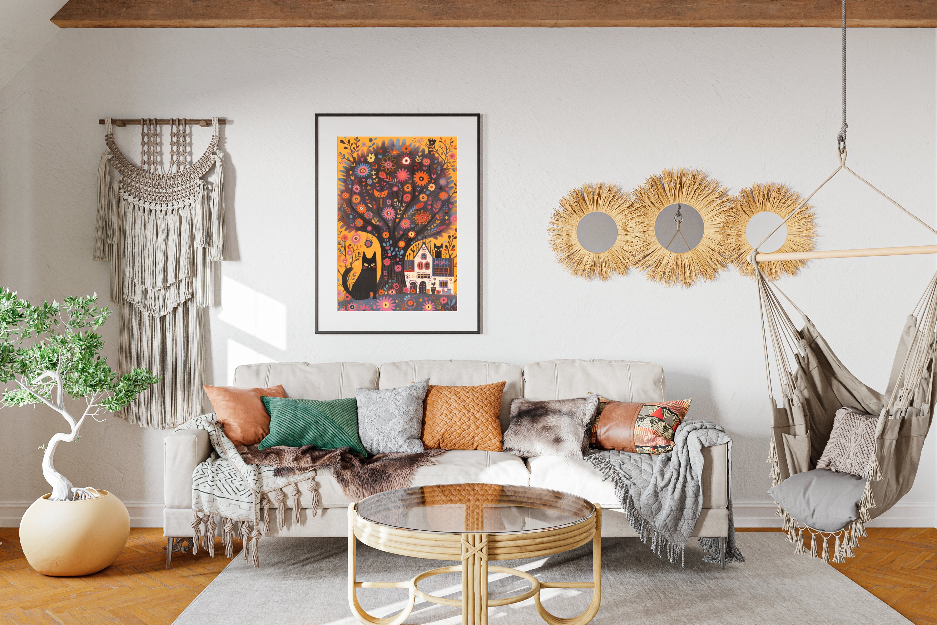 Vintage Spooky Folk Art: Black Cat Floral Poster - Etsy