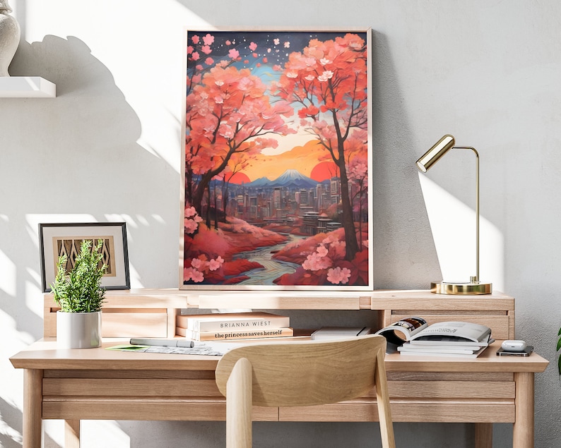 Japan Starry Sunset Matte Wall Art Japanese City Artwork, Cherry ...