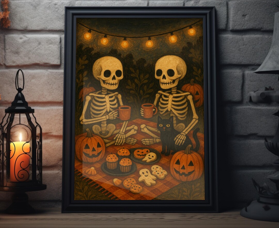 Cute Skeleton Picnic Vintage Folk Painting Art Print | Halloween ...