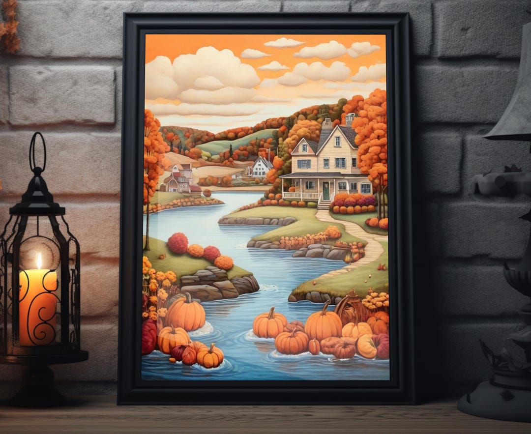 Fall Lake Folk Art Print | Thanksgiving Wall Art, Autumn Painting ...