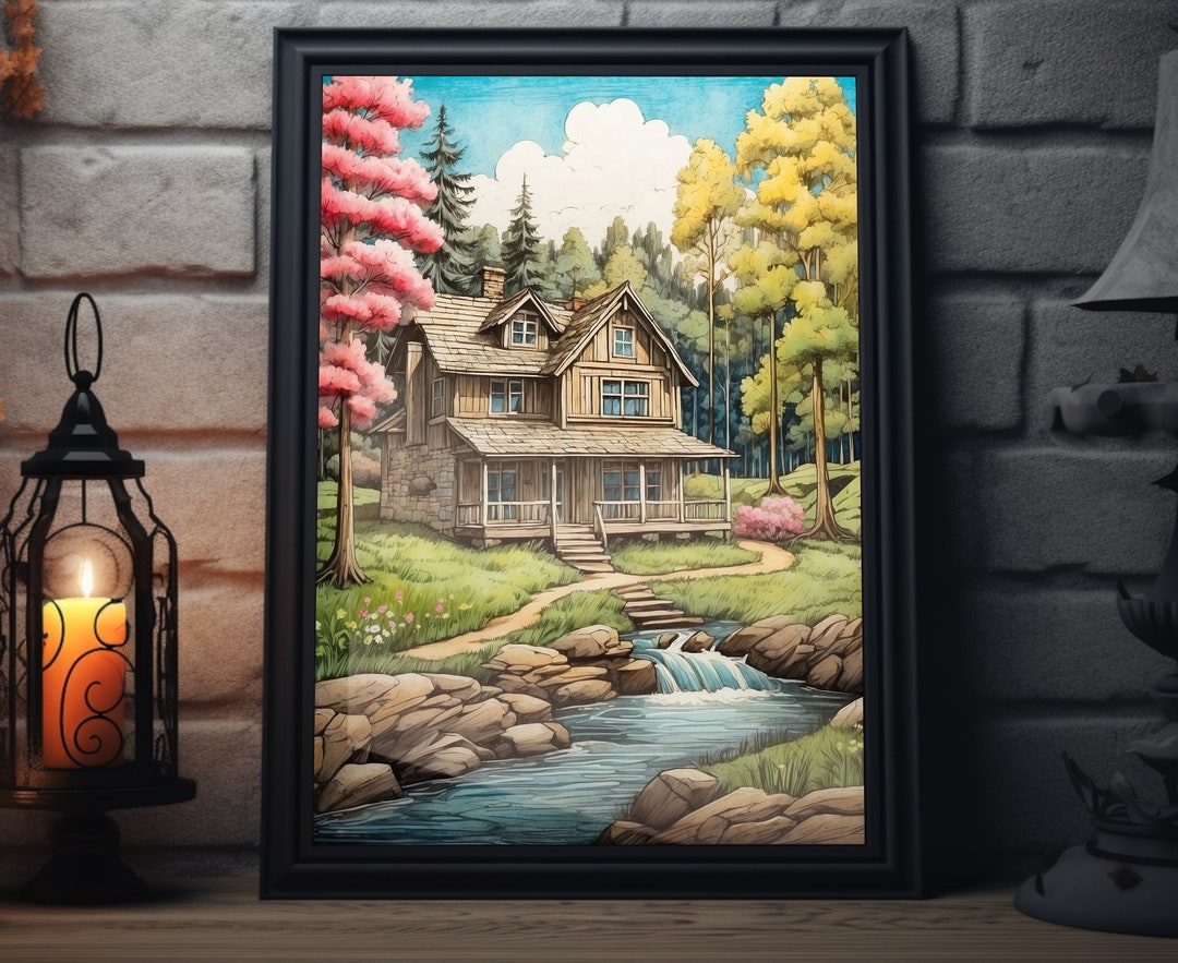 Spring Home Folk Art Matte Poster | Sketched Springtime Painting Art ...