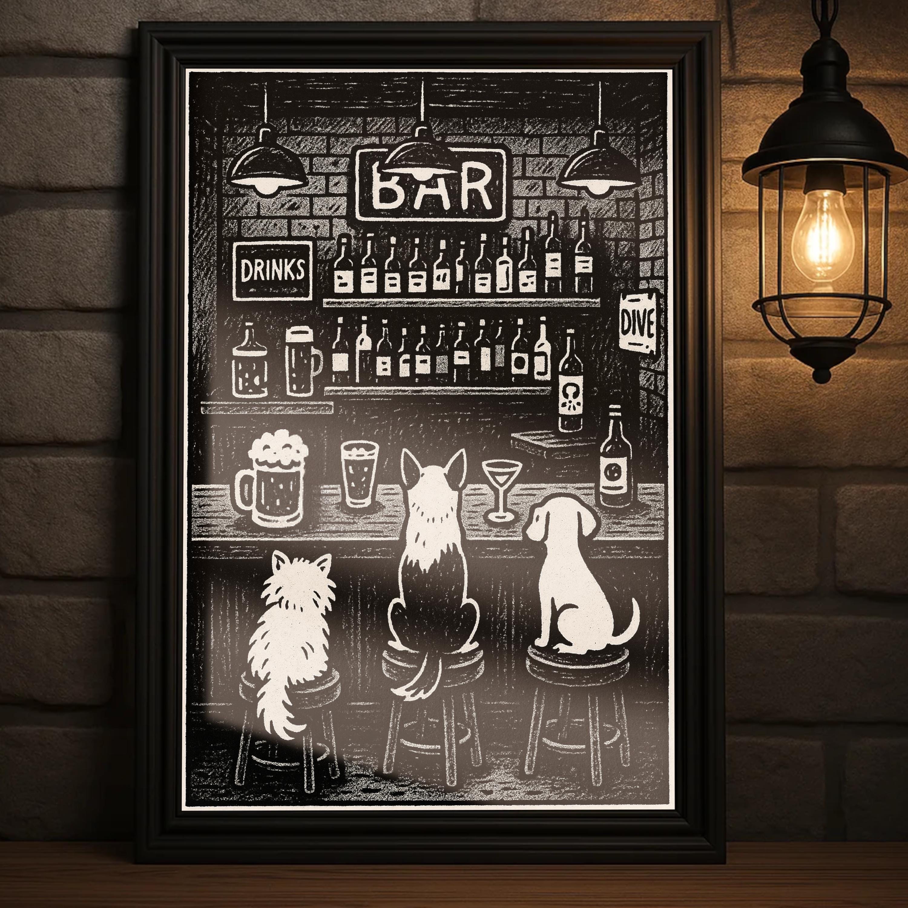 Dogs at Bar Monochrome Comic Style Art Print | Black and White Tavern ...