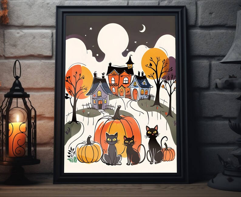 Abstract Halloween Folk Art Print Halloween Black Cat Wall Art ...