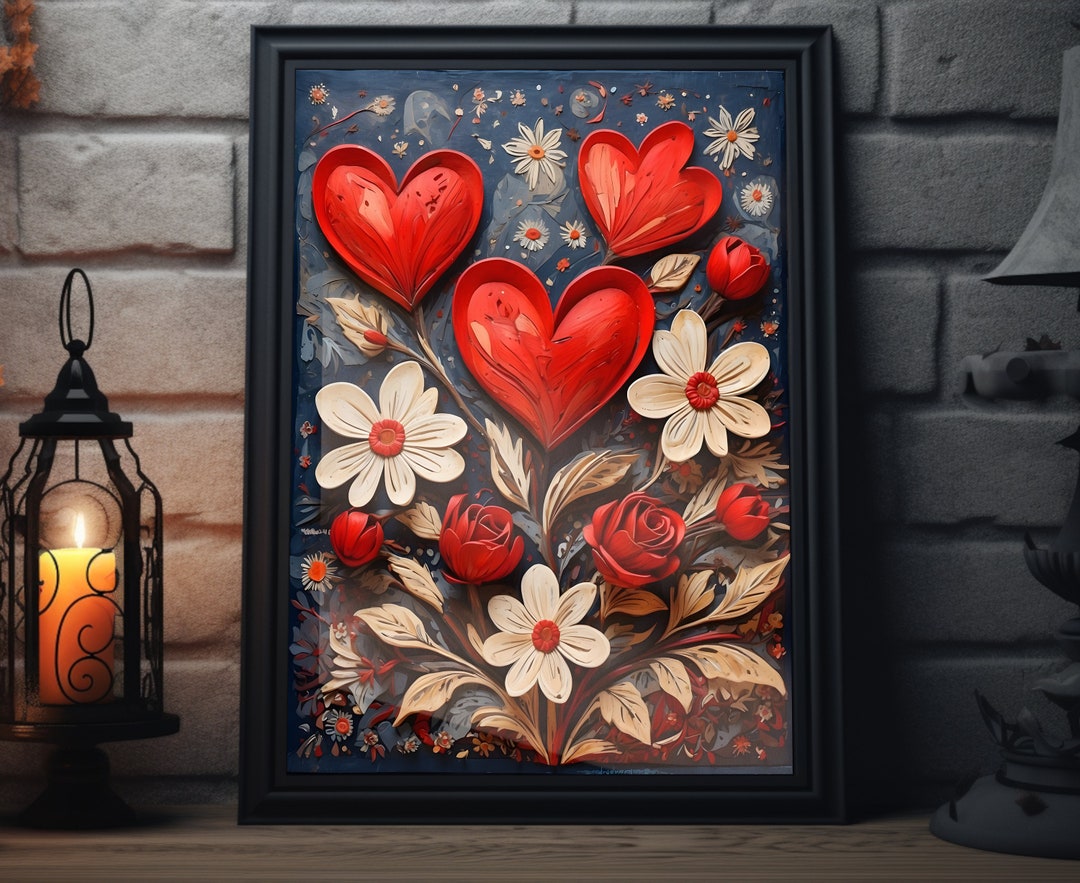 Valentine's Day Folk Art Matte Poster | Heart Painting Art Print ...